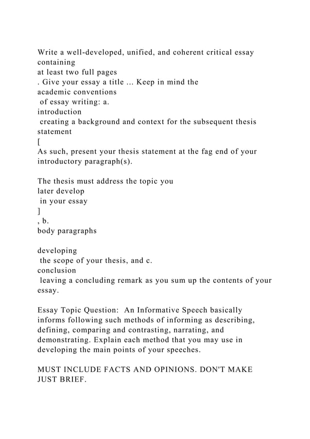 Write a well-developed, unified, and coherent critical essay contain.docx