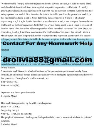 Write down the four (4) nonlinear regression models covered in class,.pdf