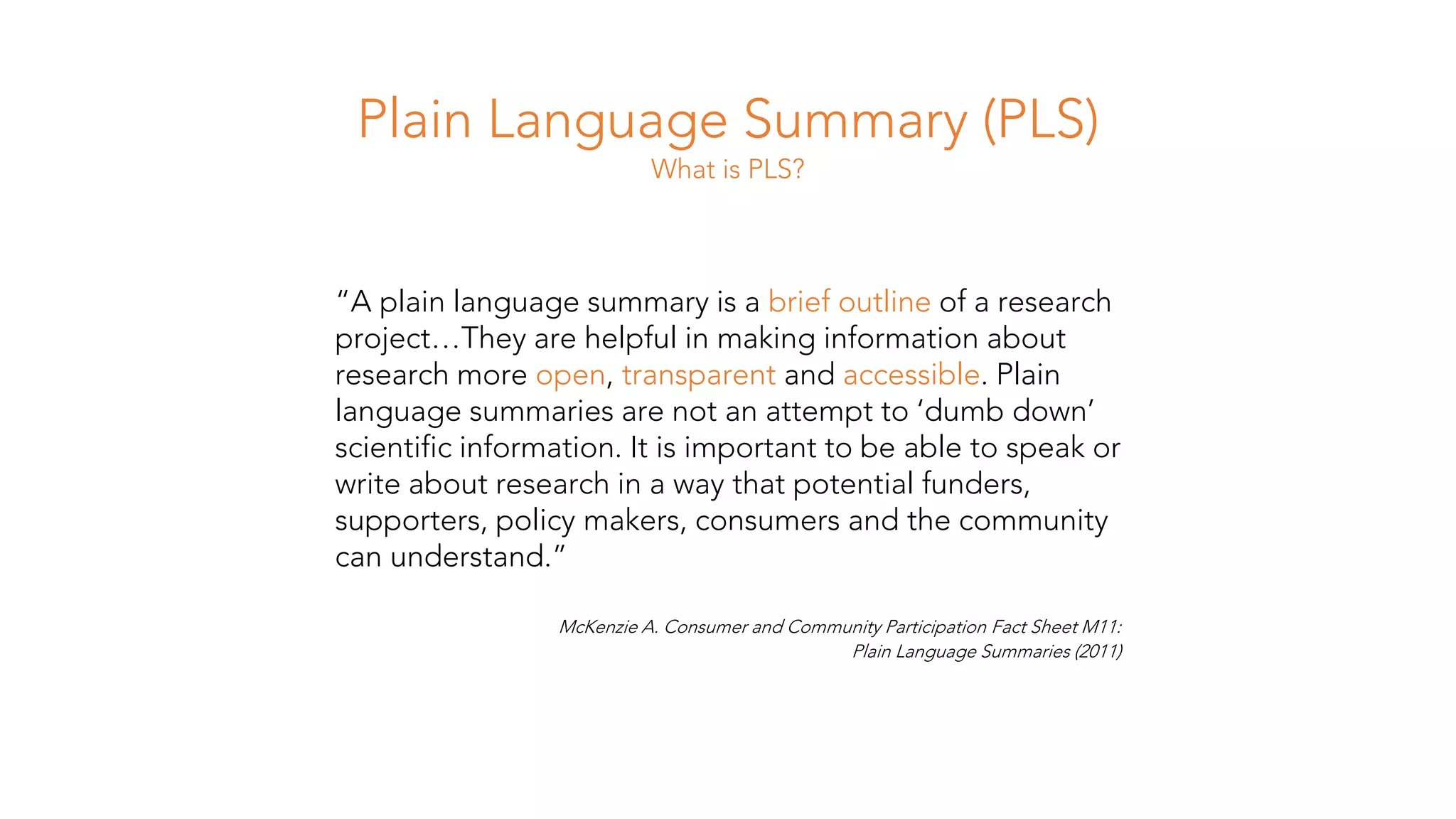 Session 01: Write good plain language summary of your work | PPT