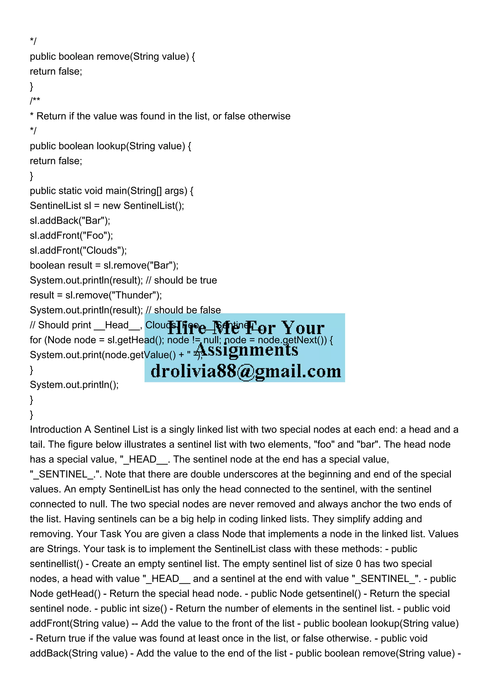 write on this code A Sentinel List has two special n.pdf