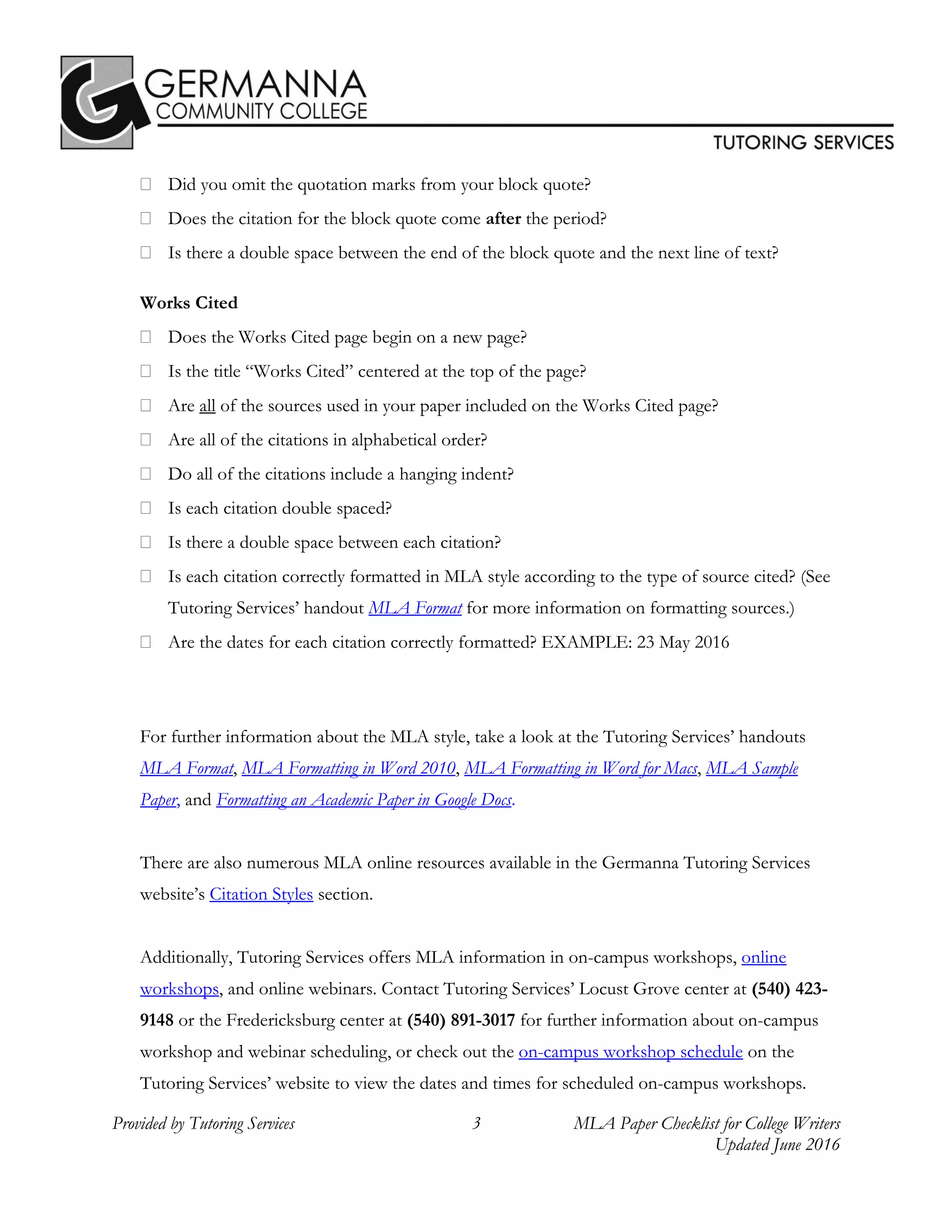 Writer's Checklist for MLA 8 Format - By Germanna Community College | PDF