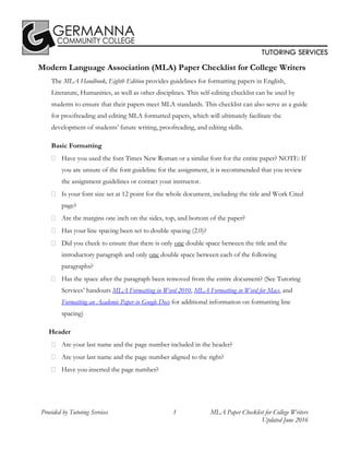 Writer's Checklist for MLA 8 Format - By Germanna Community College | PDF