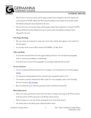 Writer's Checklist for MLA 8 Format - By Germanna Community College | PDF