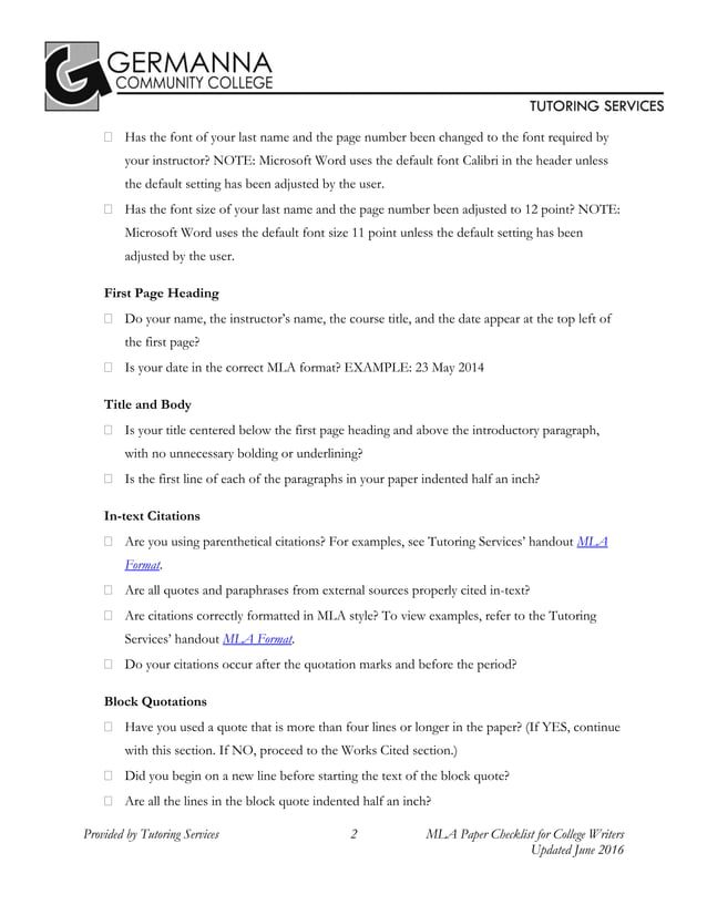 Writer's Checklist for MLA 8 Format - By Germanna Community College | PDF
