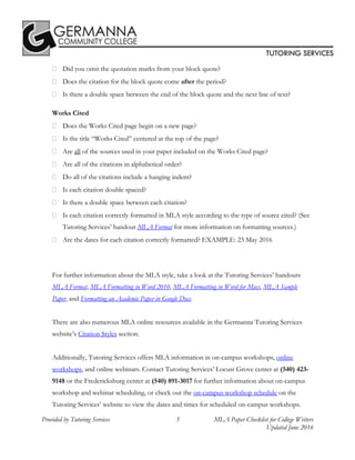 Writer's Checklist for MLA 8 Format - By Germanna Community College | PDF