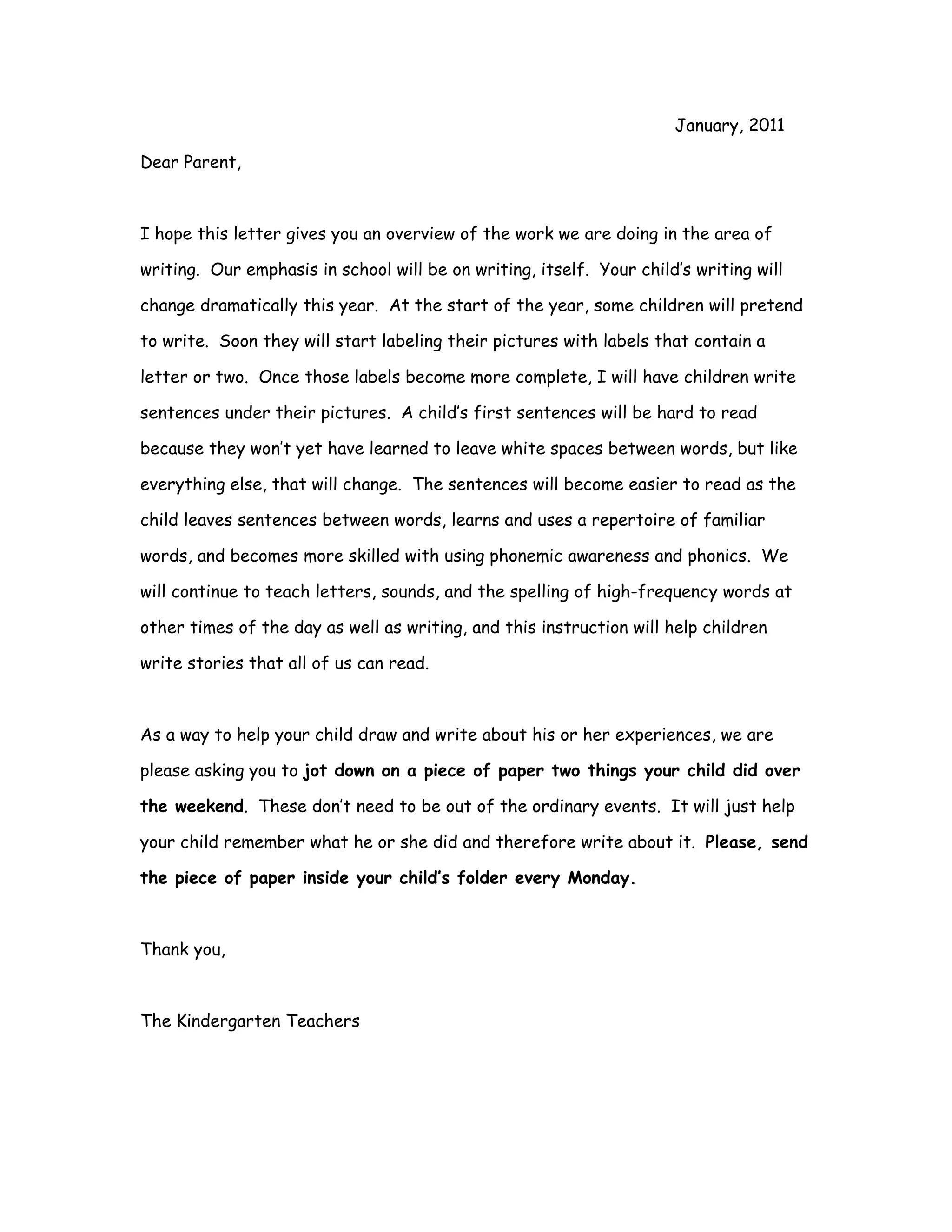 Writer's Workshop Letter To Parents | DOC