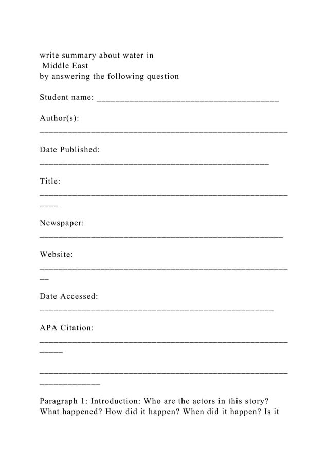 write summary about water in Middle East by answering the follo | DOCX