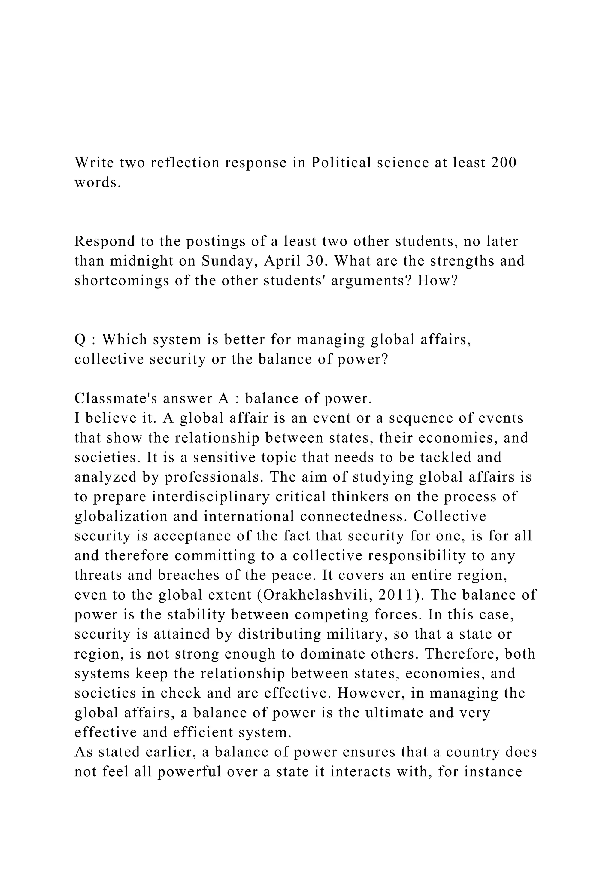 Write two reflection response in Political science at least 20.docx