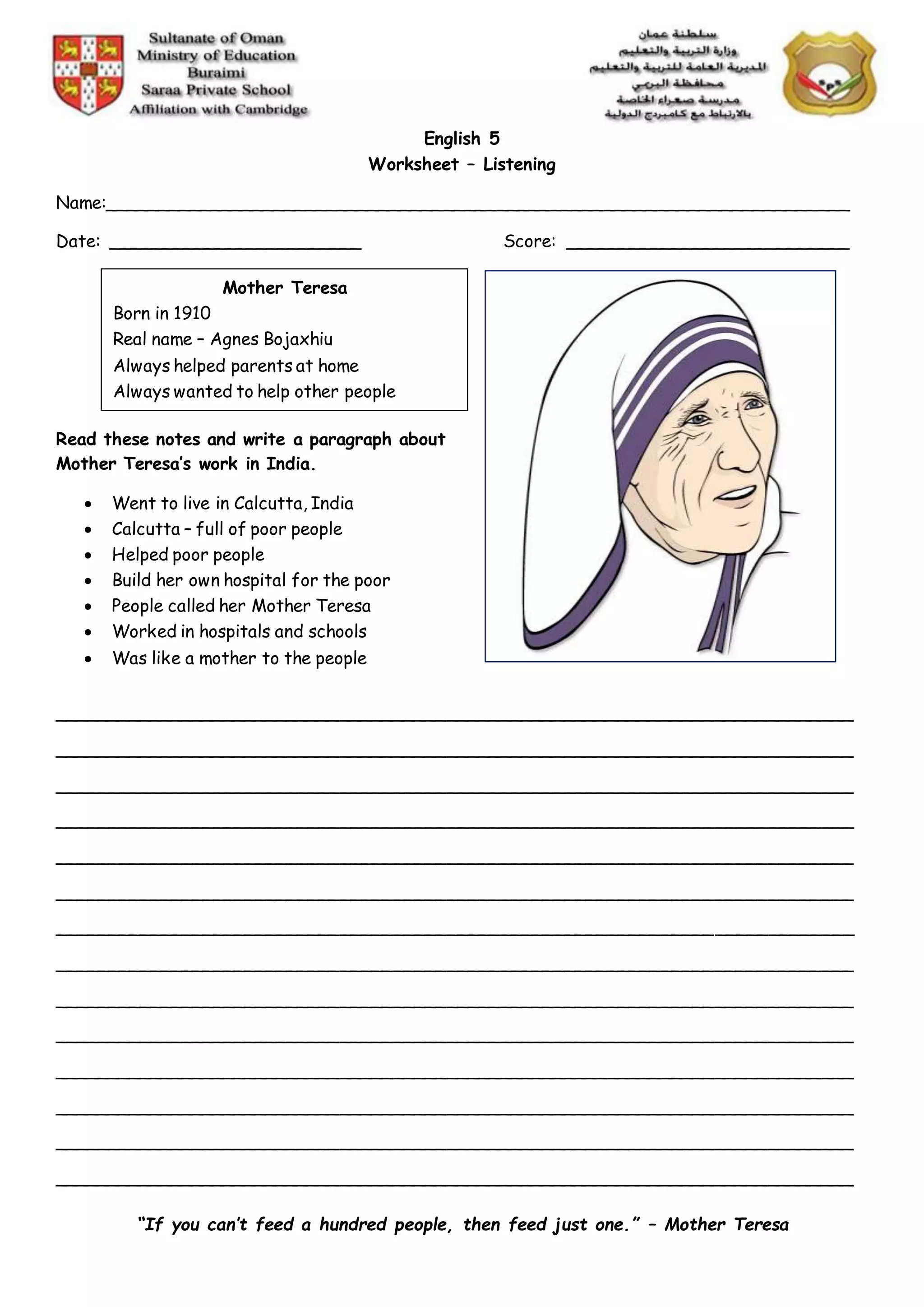 Worksheet: Writing activity about Mother Teresa | DOCX