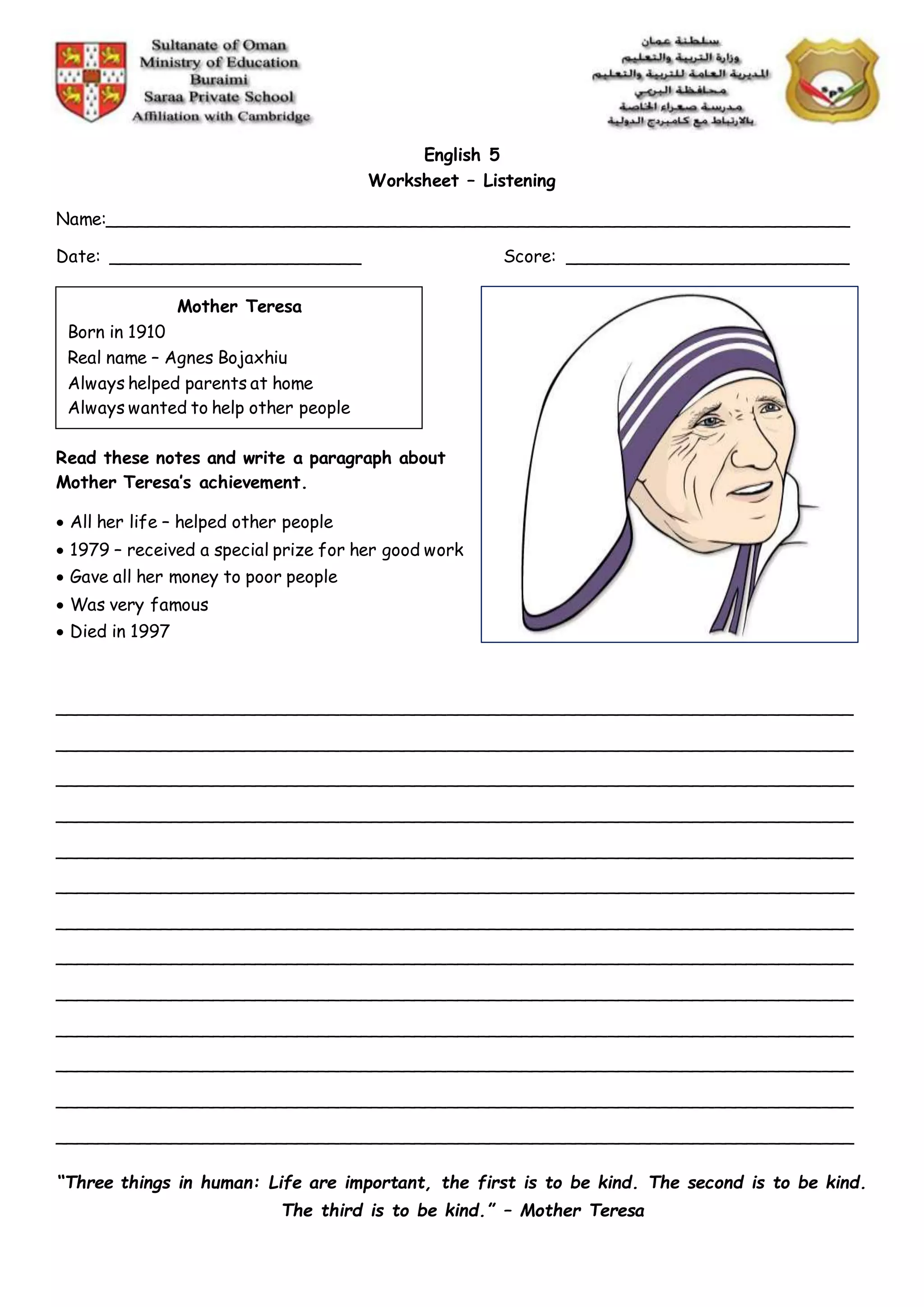 Worksheet: Writing activity about Mother Teresa | PDF