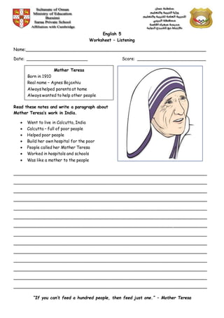 Worksheet: Writing activity about Mother Teresa | PDF