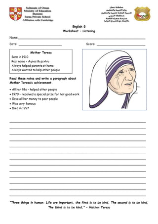 Worksheet: Writing activity about Mother Teresa | PDF