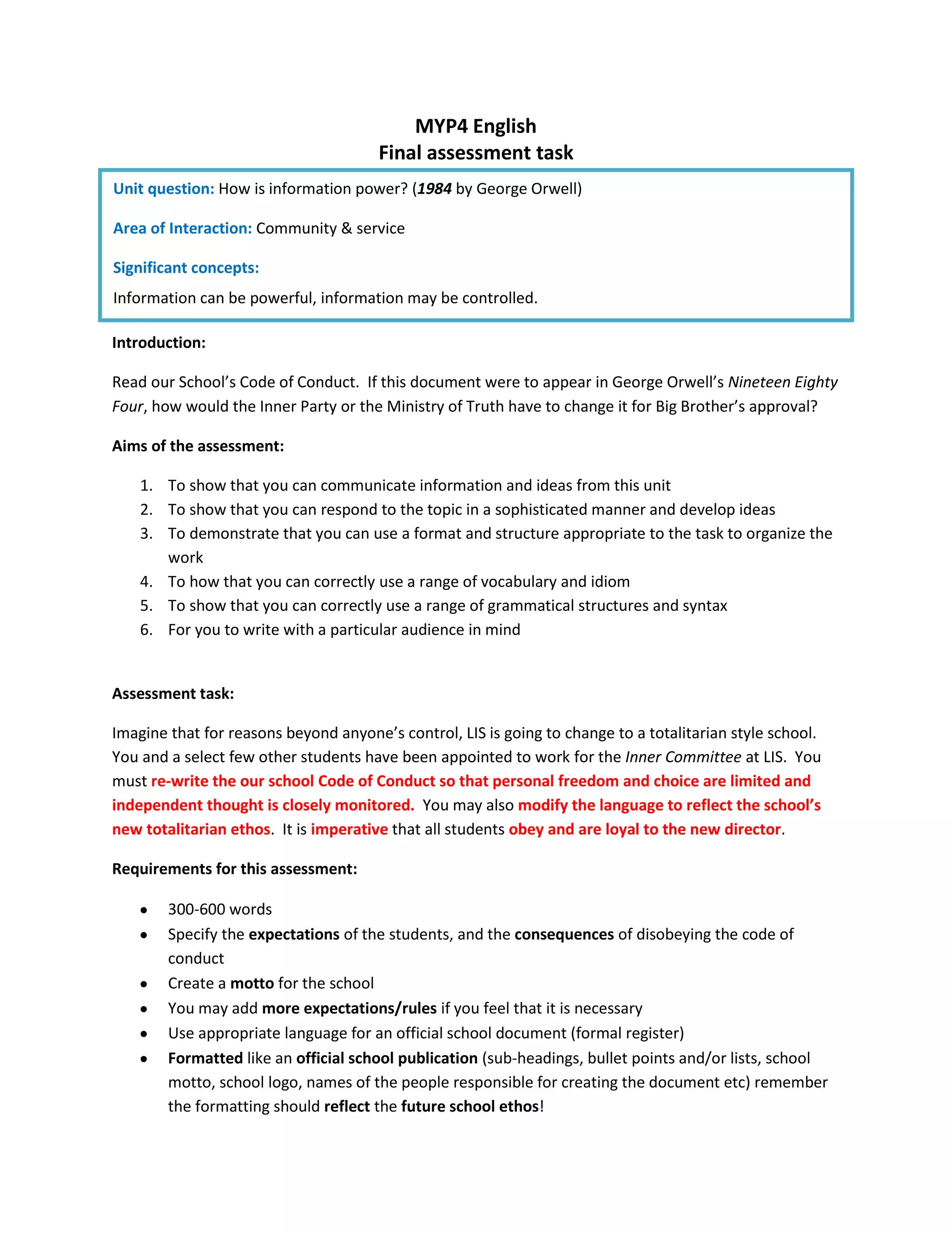 MYP writing assessment based on Orwell's 'Nineteen Eighty Four ...