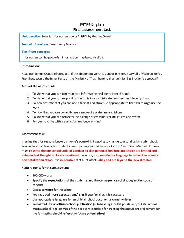 MYP writing assessment based on Orwell's 'Nineteen Eighty Four ...
