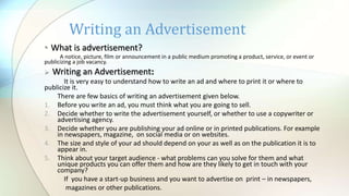 Writing an advertisement and its 6 components | PPTX