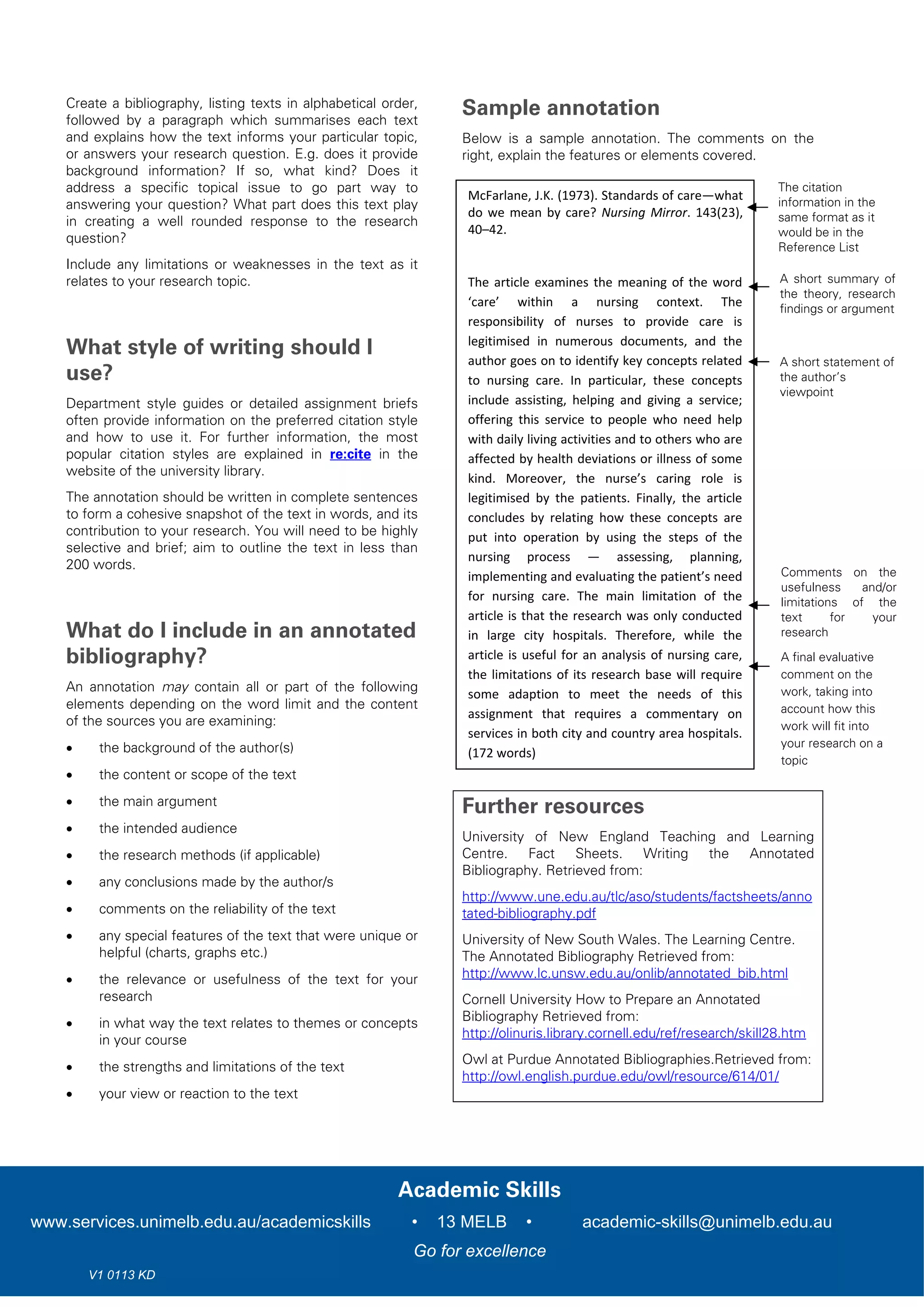 Writing an annotated bibliography by University of Melbourne Academic Skills | PDF