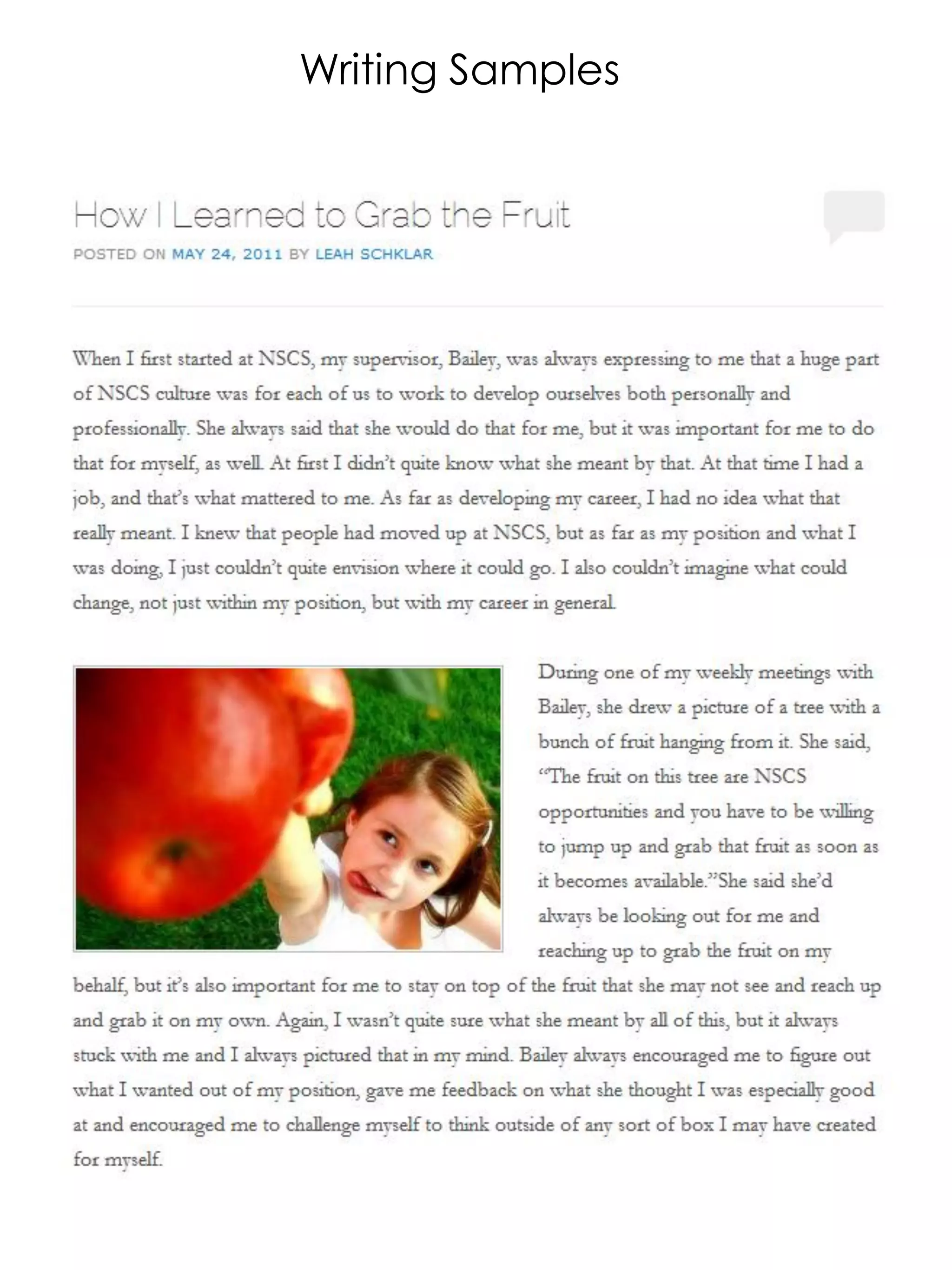 Leah Schklar's Writing and Social Media Samples | PDF