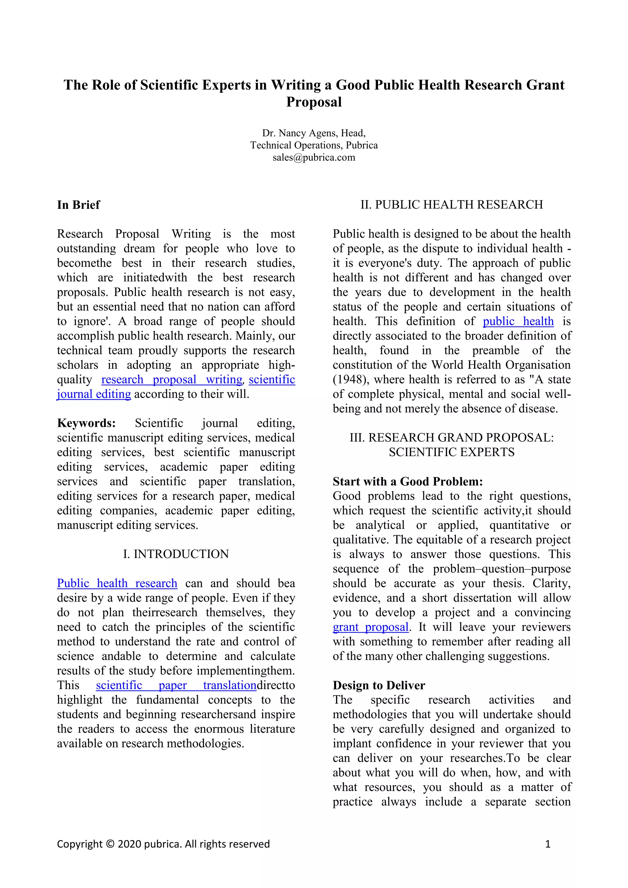 Writing a public health research grant proposal ; role of scientific ...