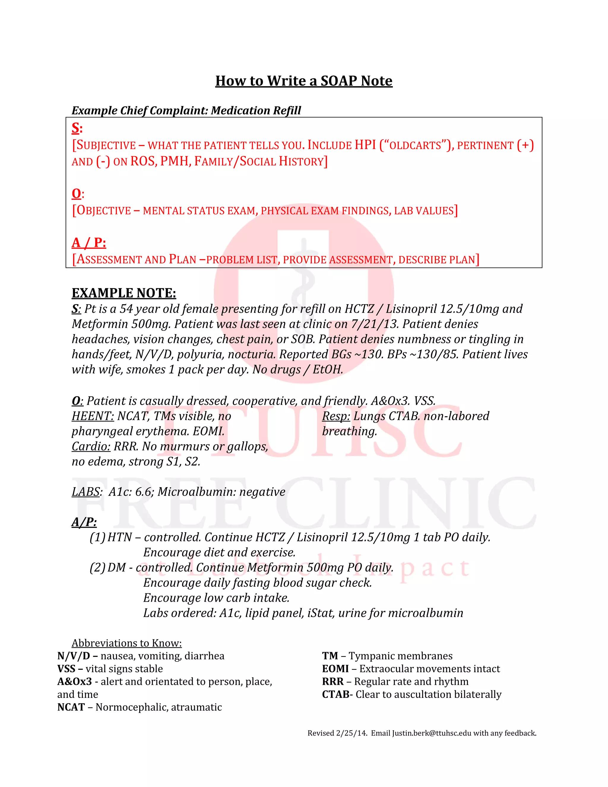 Writing a SOAP Clinic Note Cheat Sheet | DOCX