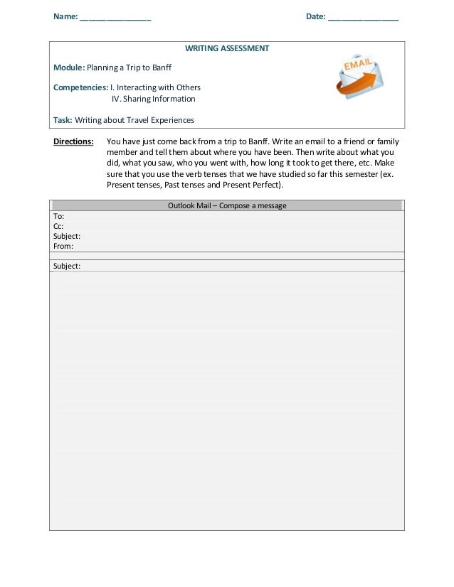 Writing Assessment Travel Experience Email