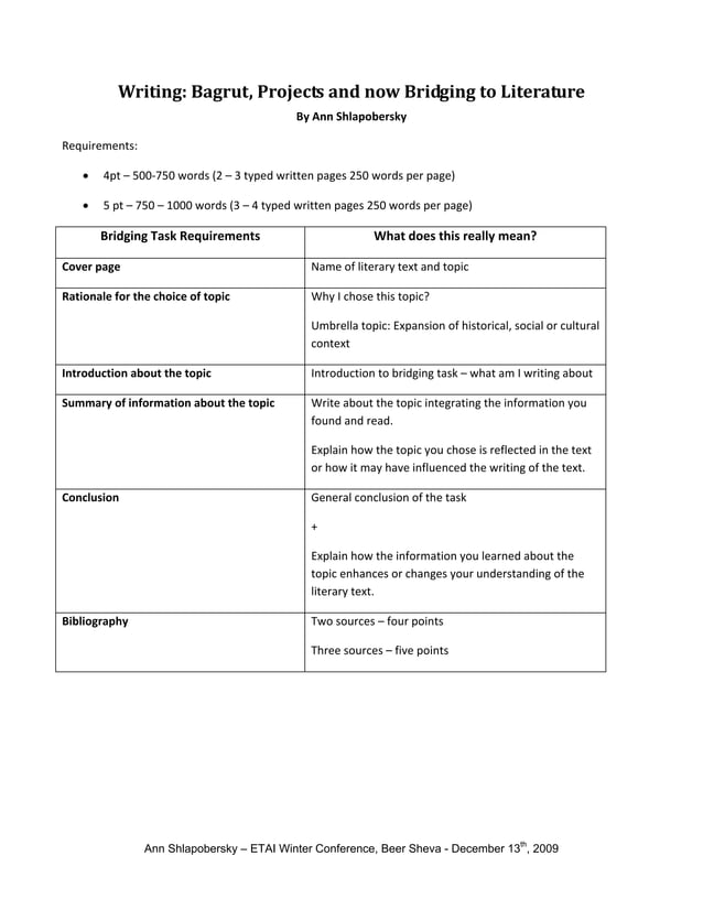 Handouts: Writing: Bagrut, Projects and now Bridging to Literature | PDF
