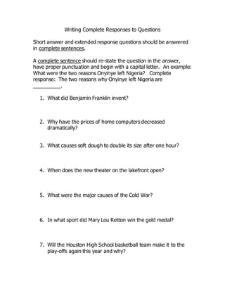 Writing complete responses to questions | DOCX