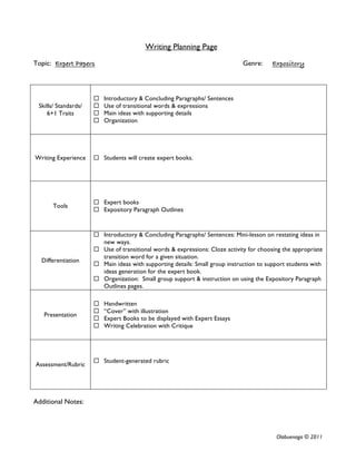 Writing Planning Page: Expository Sample | PDF