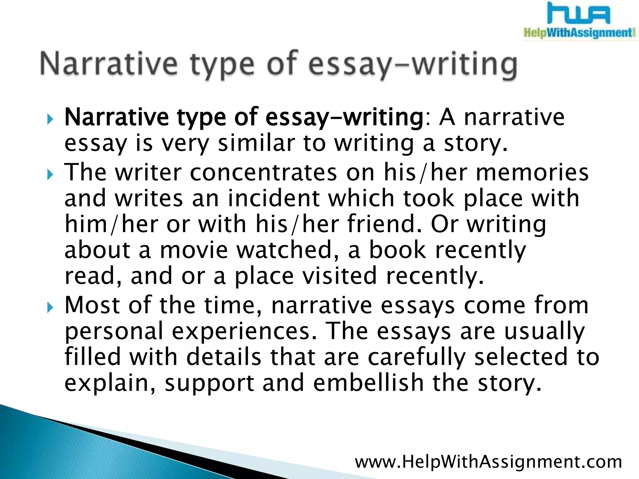 Writing different types of essays narrative, descriptive, persuasive | PPTX