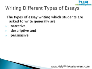 Writing different types of essays narrative, descriptive, persuasive | PPTX