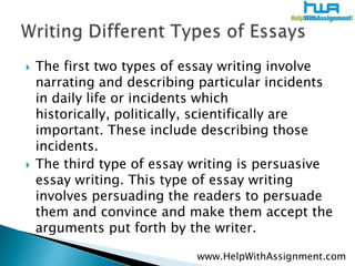 Writing different types of essays narrative, descriptive, persuasive | PPTX