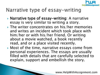 Writing different types of essays narrative, descriptive, persuasive | PPTX