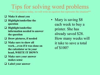 Writing equations and solving word problems | PPTX