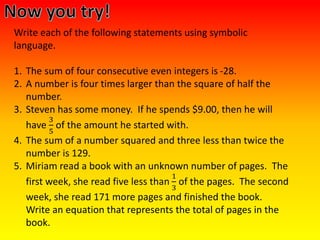 Writing equations using symbols | PPTX