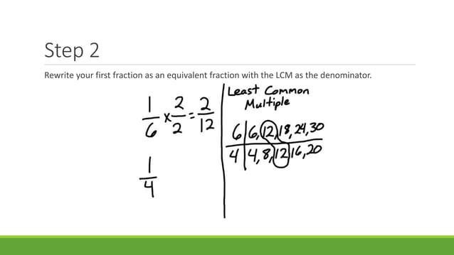 Writing equivalent fractions with common denominators | PPT