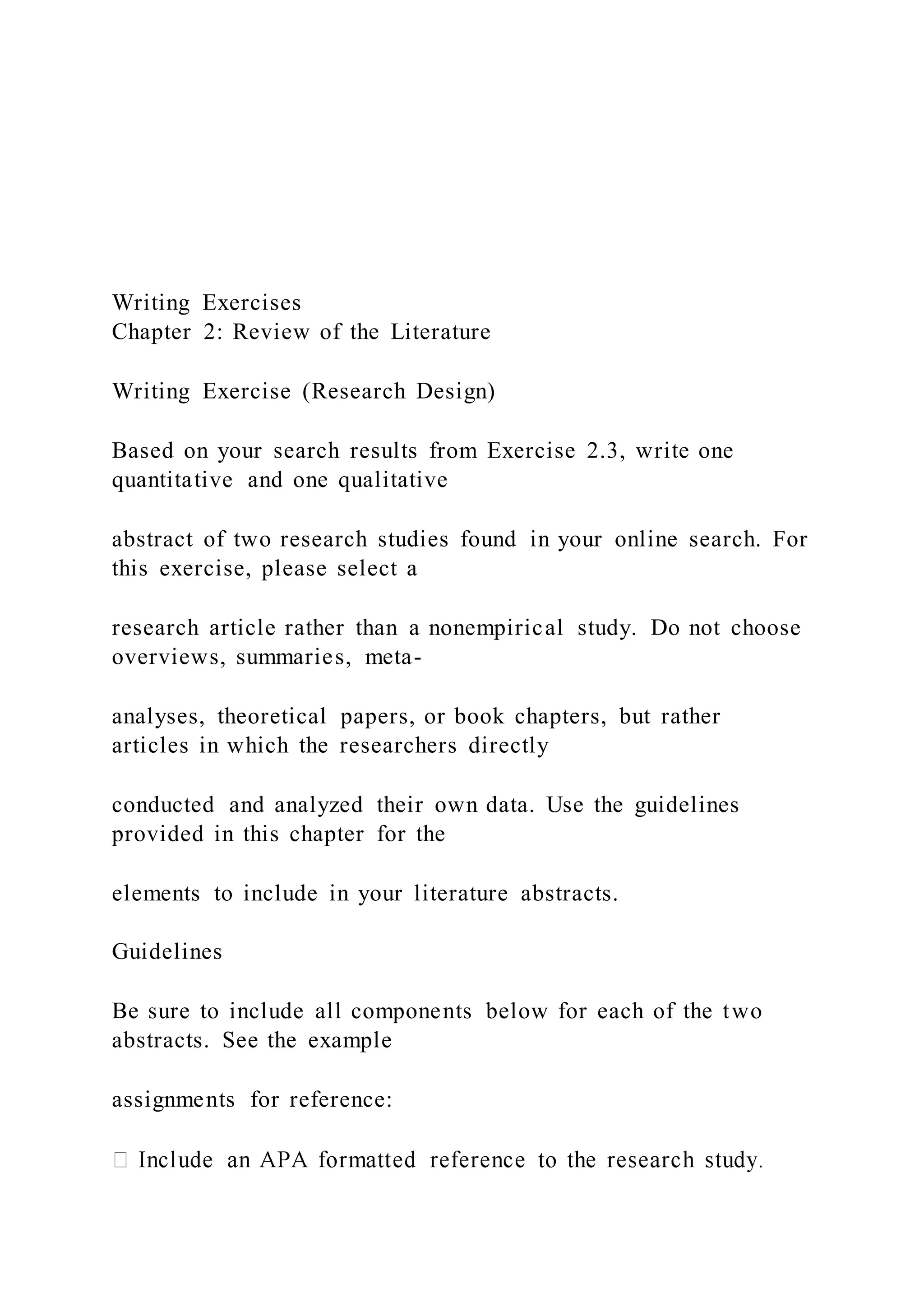 Writing exercises chapter 2 review of the literature | DOCX