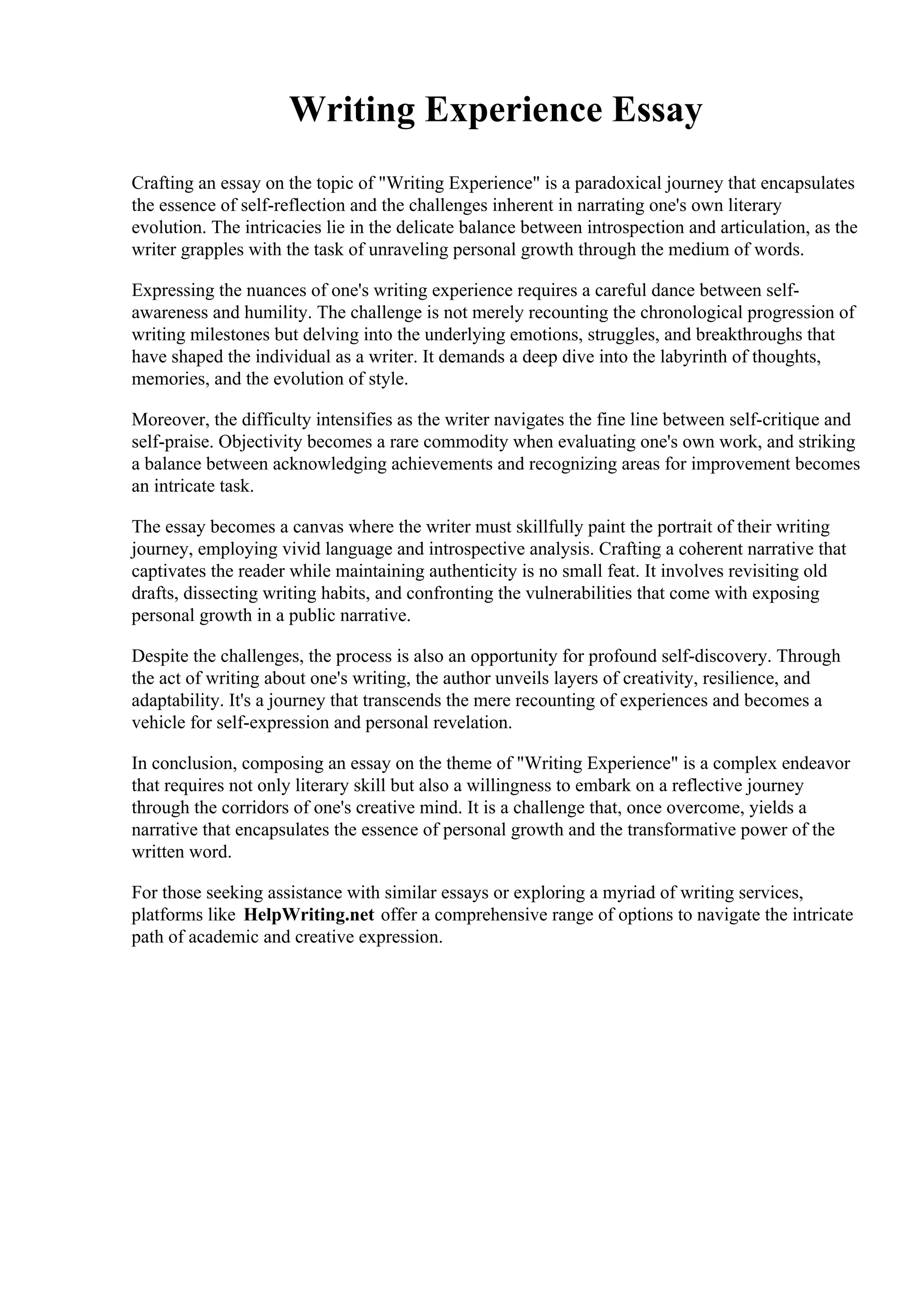 Writing Experience Essay. North Central State College | PDF