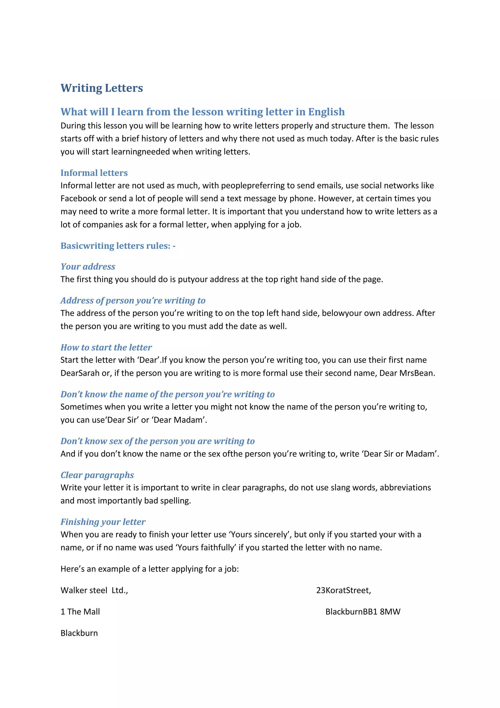 Writing letters English lesson | DOCX