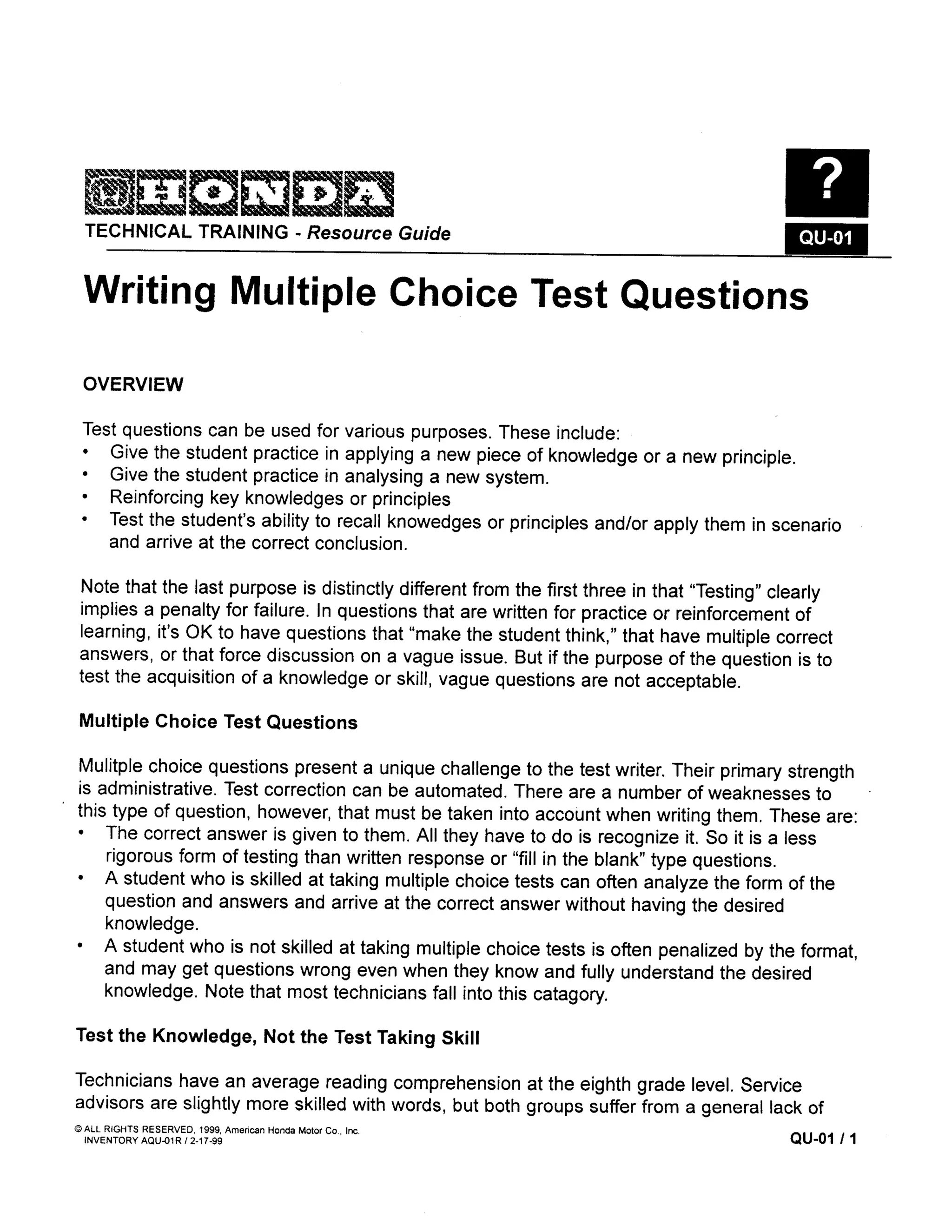 How to Write Effective Multiple Choice Learning Assessments | PDF