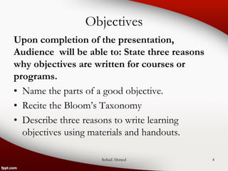 Writing objectives using bloom’s taxonomy by Sohail ahmed | PDF