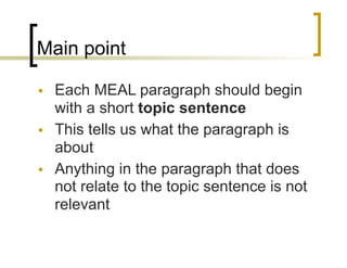 MEAL Plan for Writing Essay Paragraphs | PPT