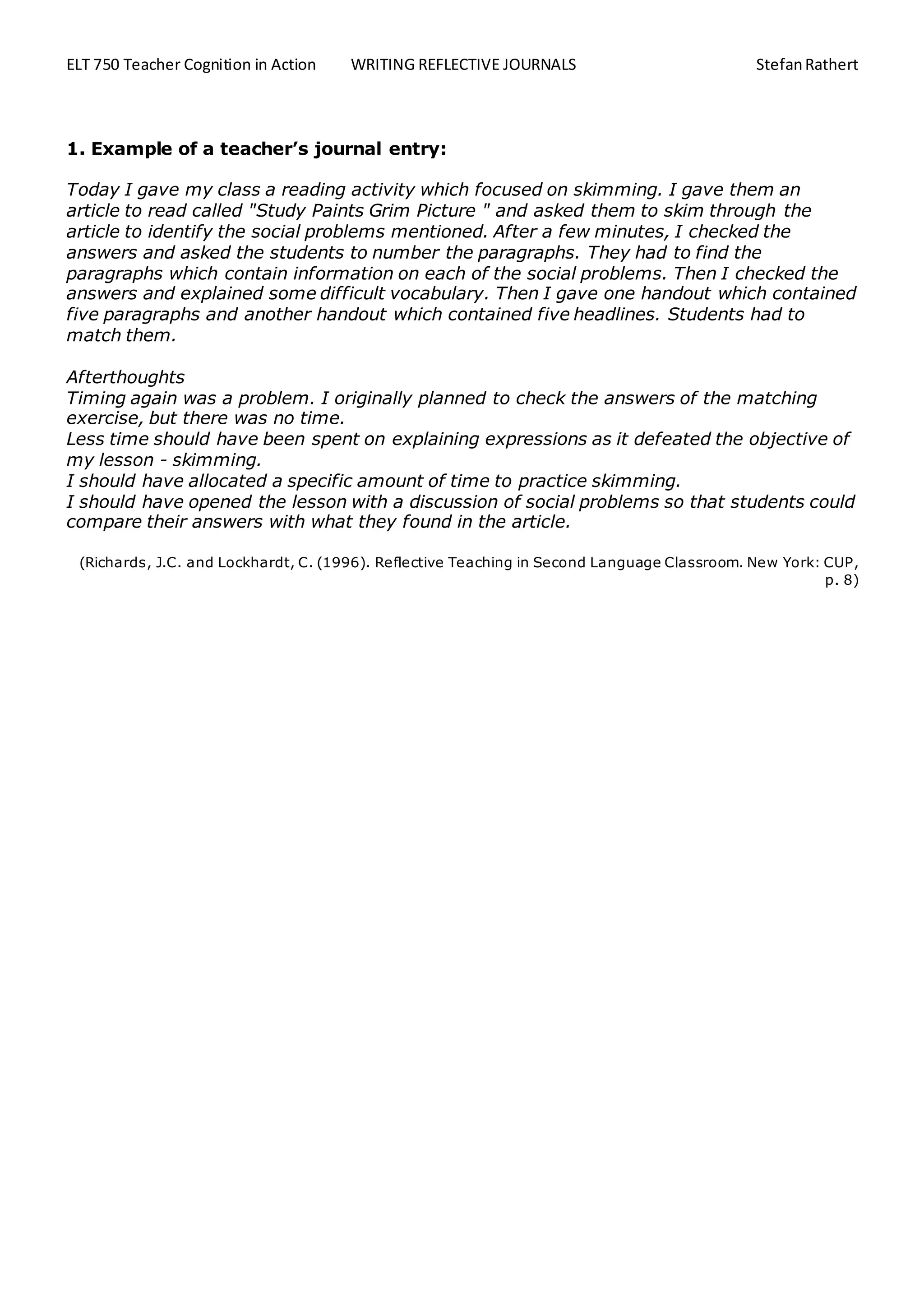 Writing reflective journals handouts | DOCX | Educational Assessment ...