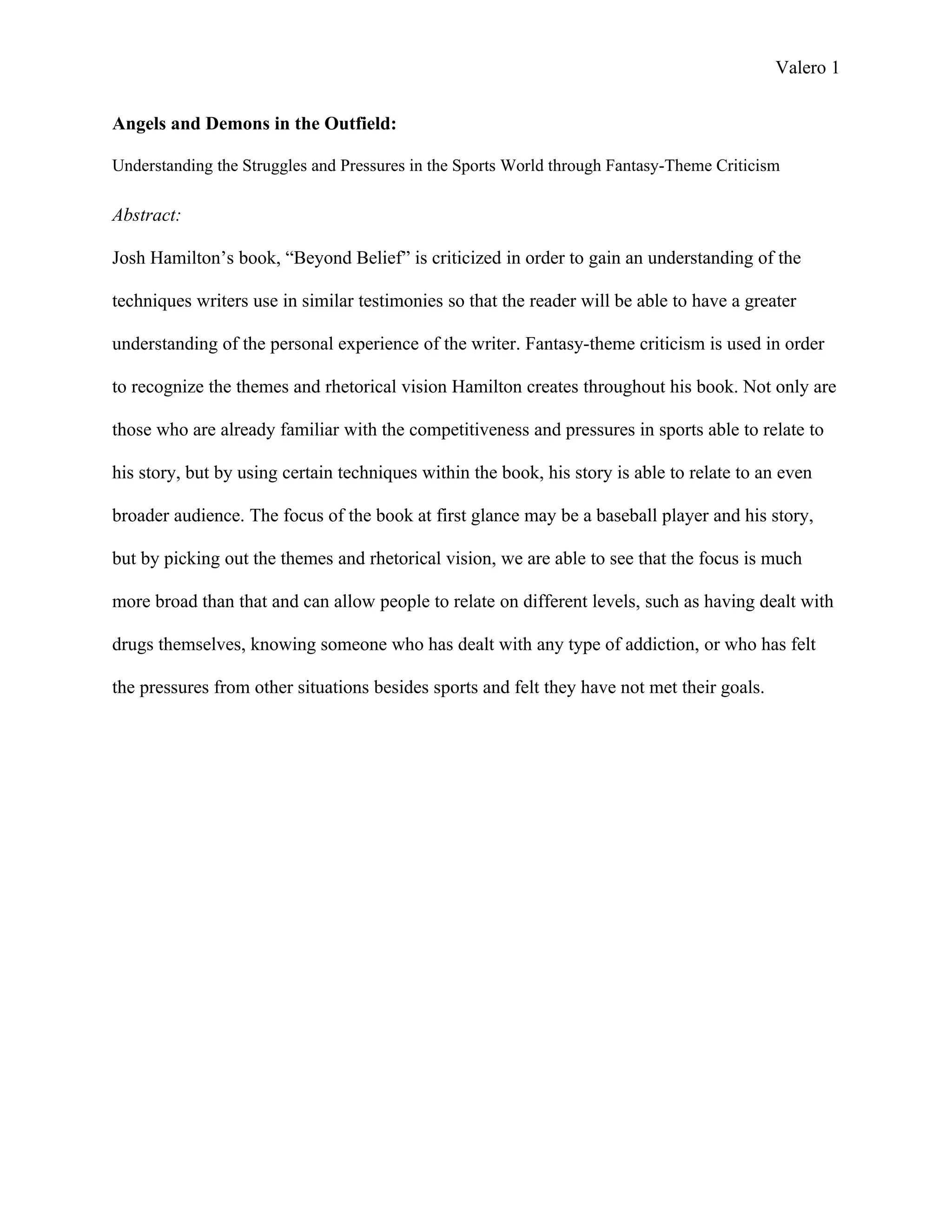 Writing Sample Angels And Demons In The Outfield | DOC