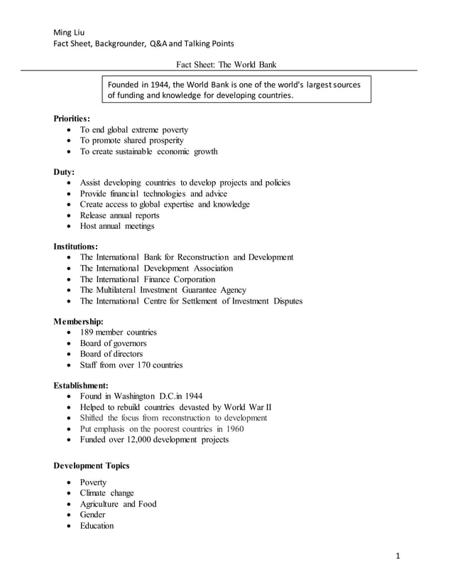 The World Bank Group Fact Sheet, Backgrounder, Q&A and Talking Points | PDF