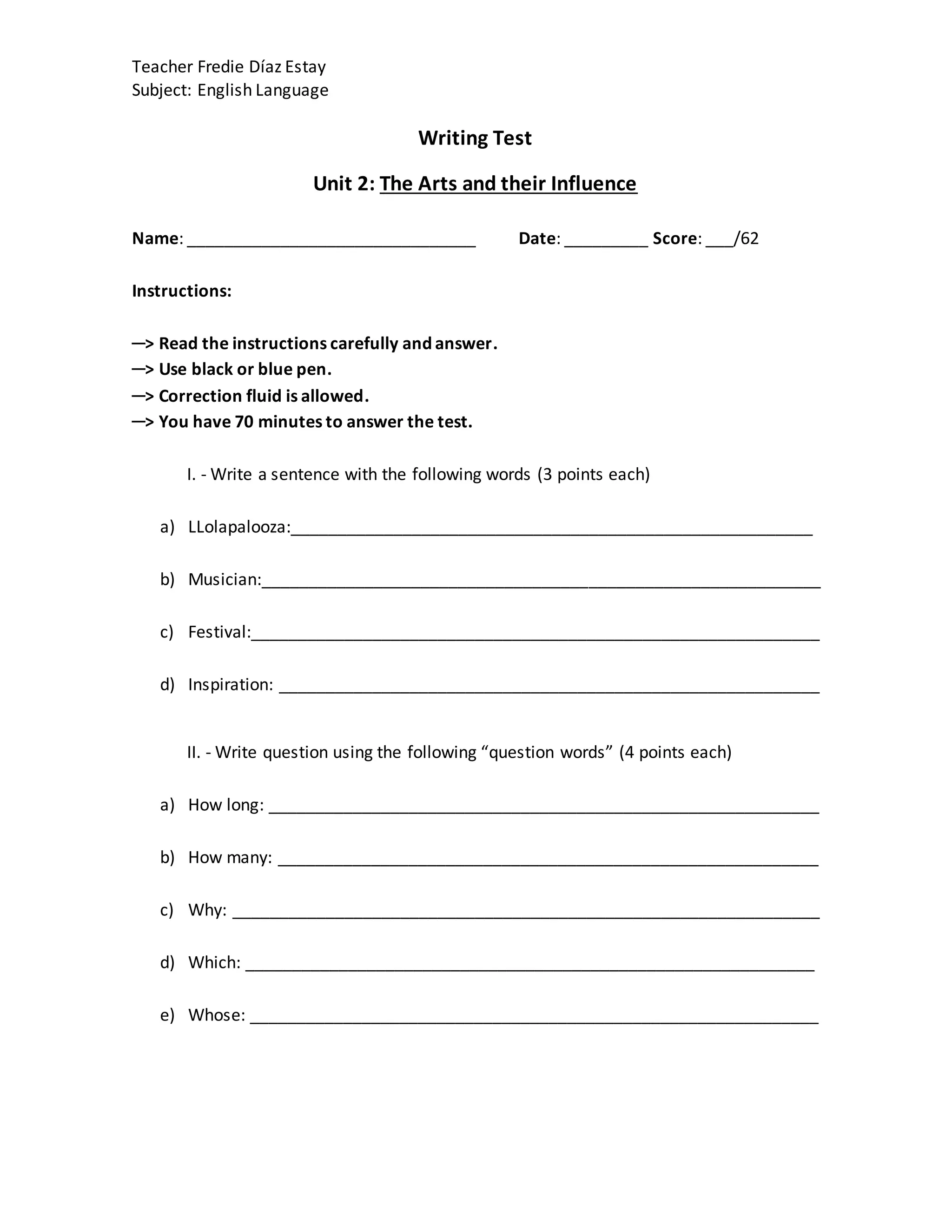 Writing test | DOCX | Education