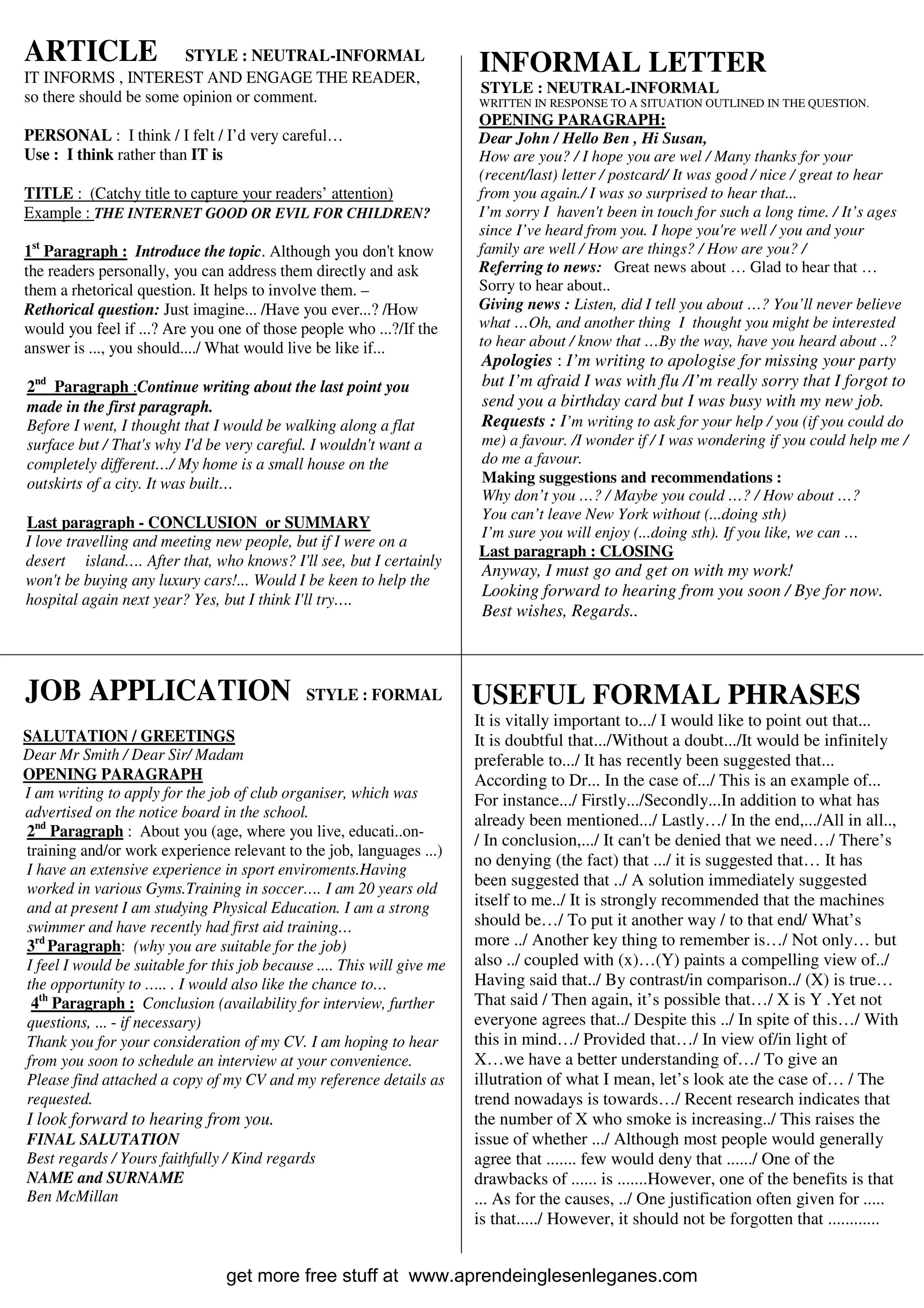 Writing test structure of different types of writing pieces | PDF