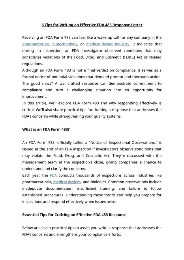 6 Tips for Writing an Effective FDA 483 Response | PDF