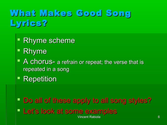 Vincent Rabiola - Writing to learn song lyrics | PPT | Music ...