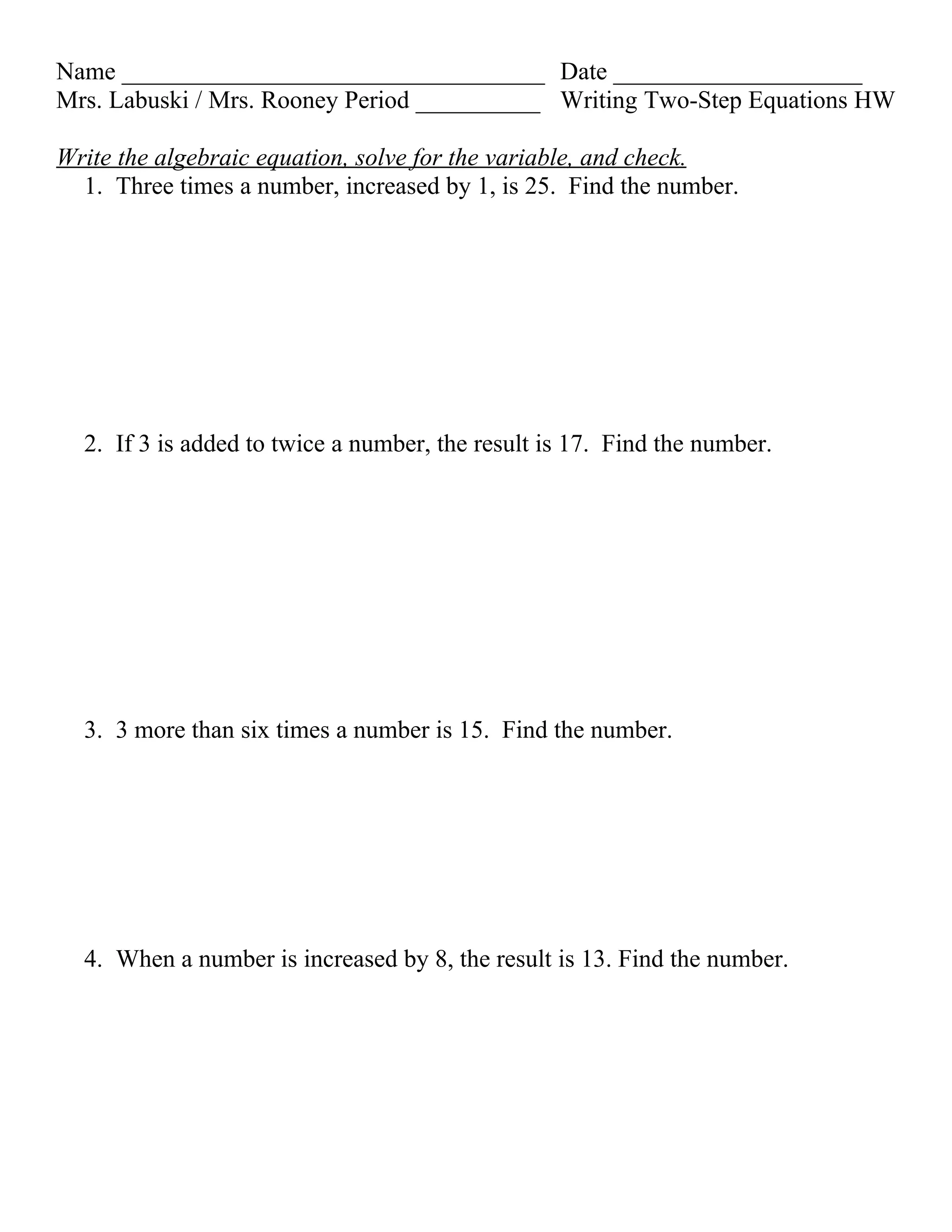 Writing Two Step Equations Doc