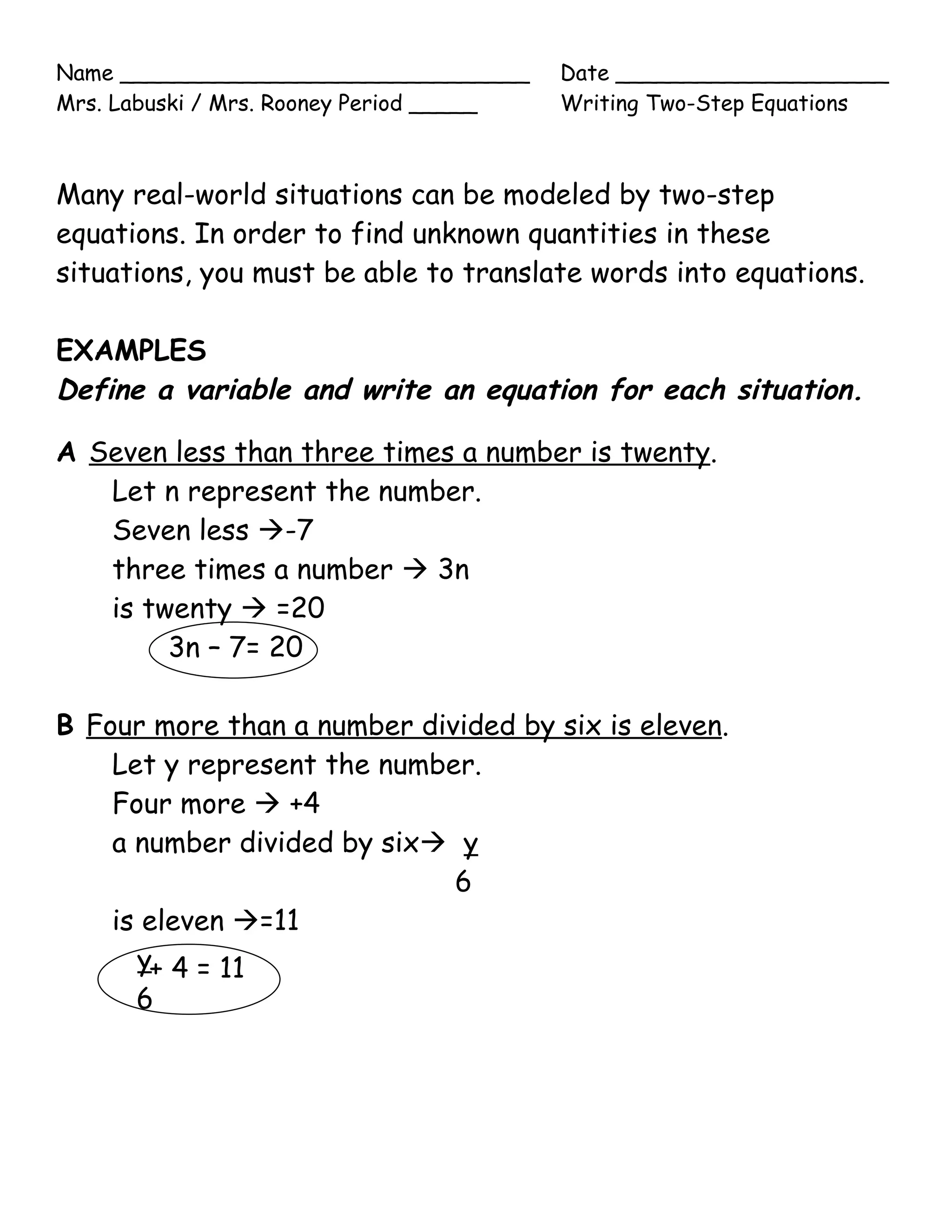 Writing two step equations | DOC