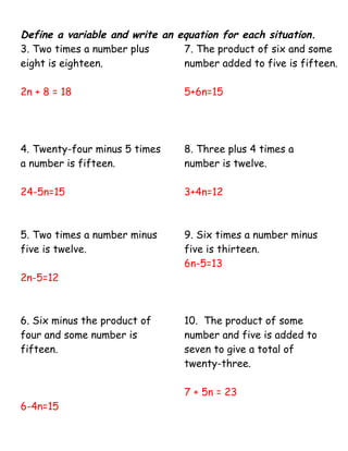 Writing two step equations | DOC